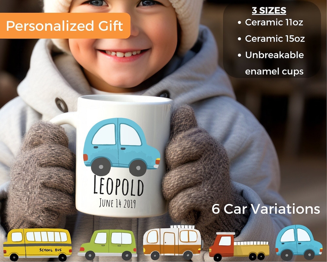 Personalized Car Kids Mug, Cute Car Design, Unbreakable Mug for Toddler ...