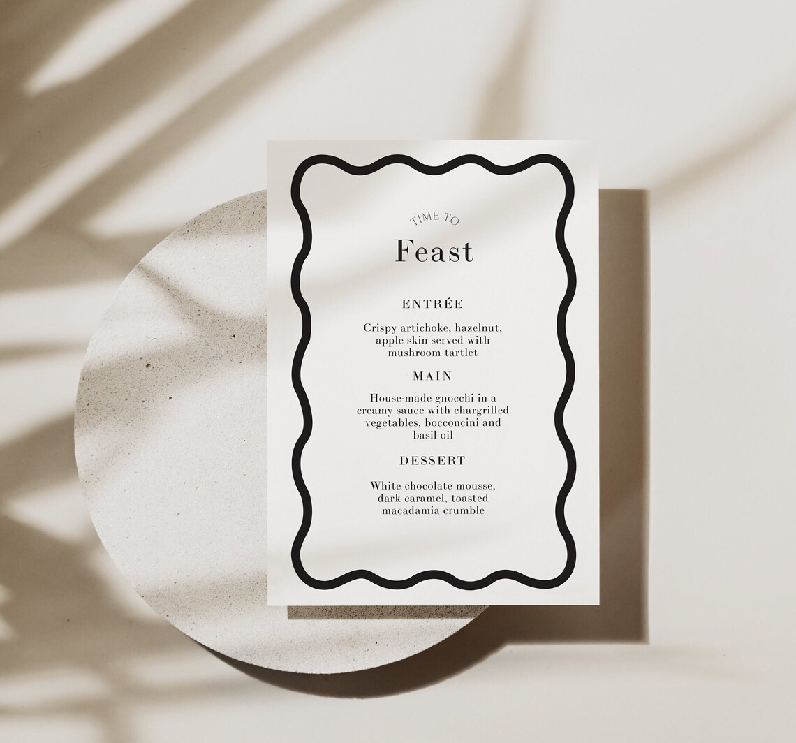 Wavy Menu and Place Card Template, Wedding/bridal Shower Menu ...