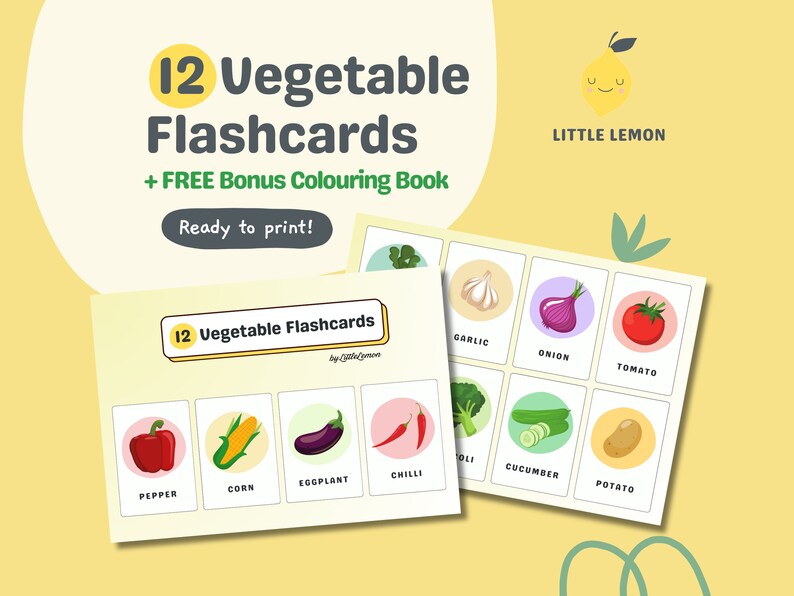 12 Vege Flashcards +FREE Coloring Book | Preschool Cards | Printable ...