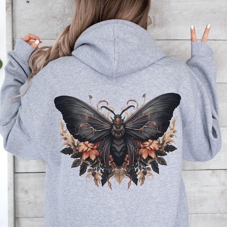 Gothic Black Moth Hoodie, Goblincore Moth Hoodie, Forestcore Moth ...