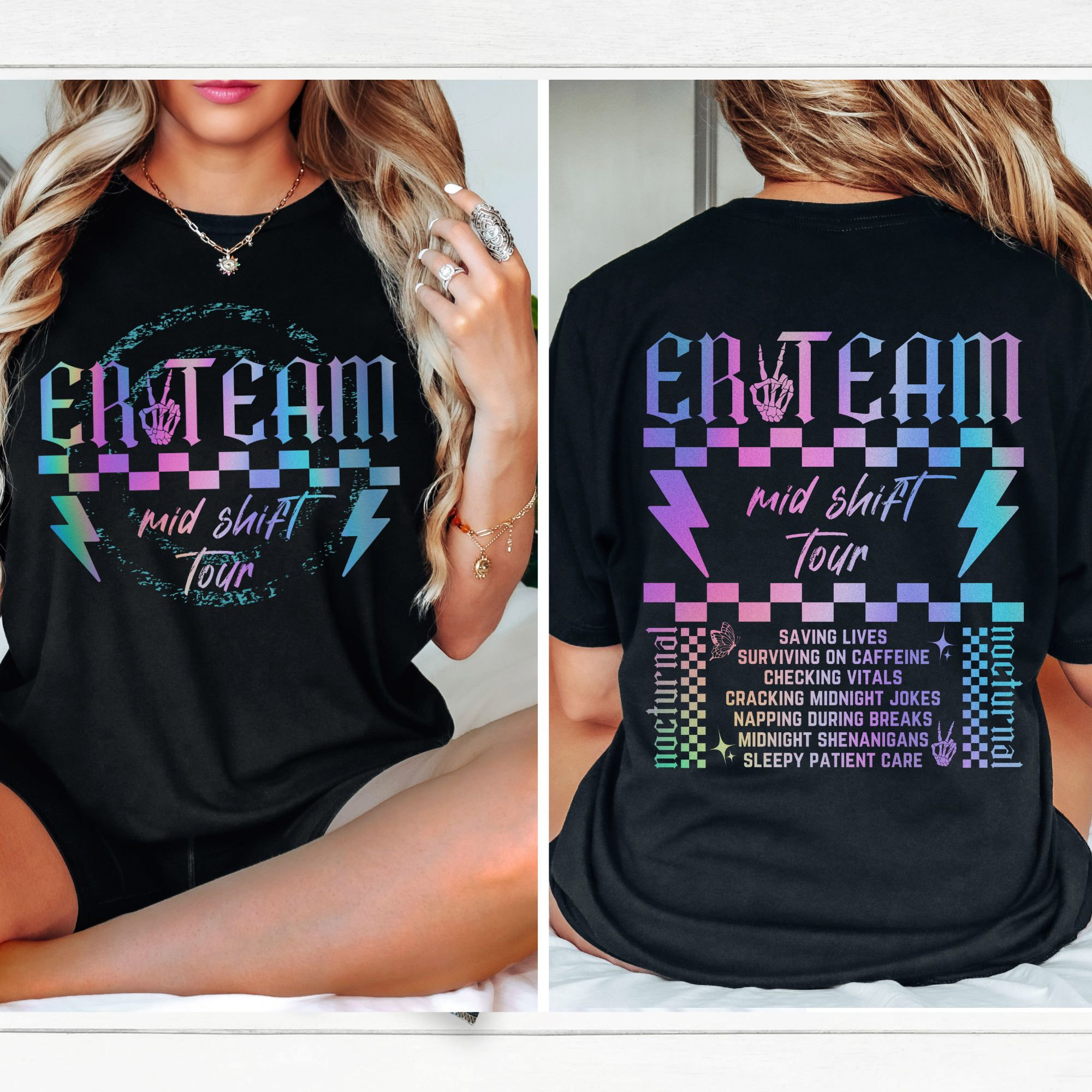 ER Team Mid Shift Tour Trendy Skeleton Shirt ER Night Shift RN Life ...