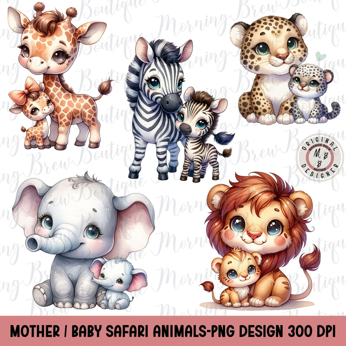 Watercolor Mother Baby Safari Animals PNG Clipart, Wild Animals Clipart ...