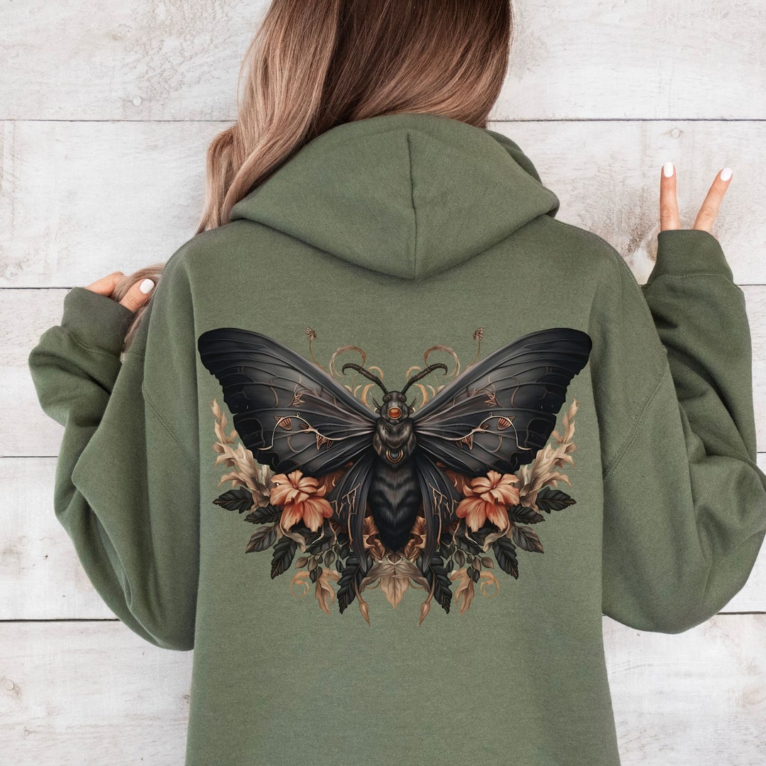 Gothic Black Moth Hoodie, Goblincore Moth Hoodie, Forestcore Moth ...