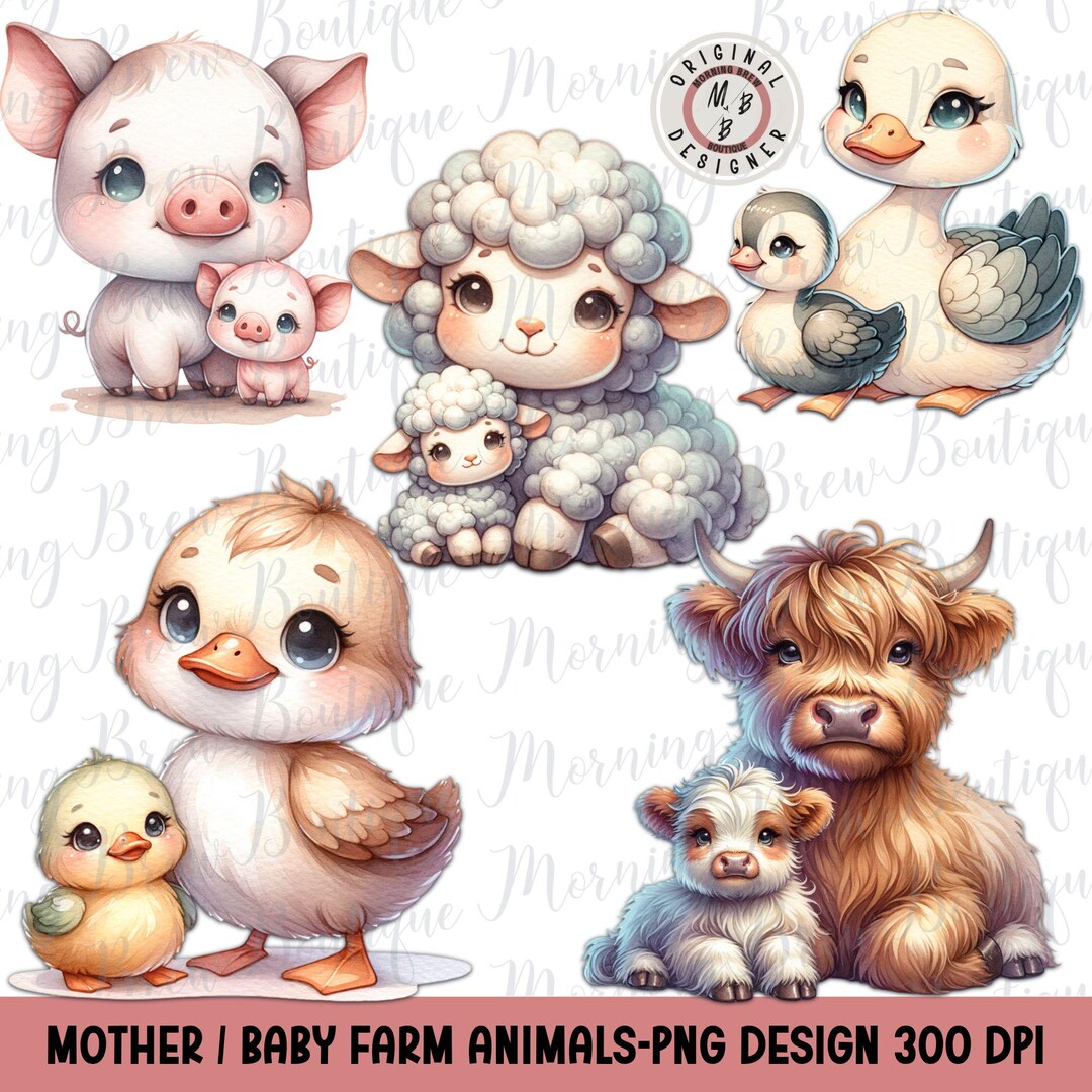 Watercolor Mother Baby Farm Animals PNG Clipart, Farm Animals Clipart ...