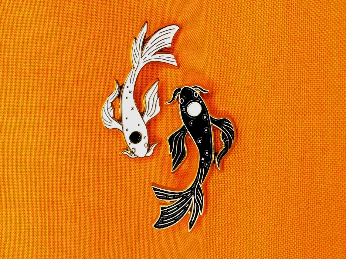 Yin Yang, Moon Fish, Koi Fish, Black and White Enamel Pins With Rubber ...