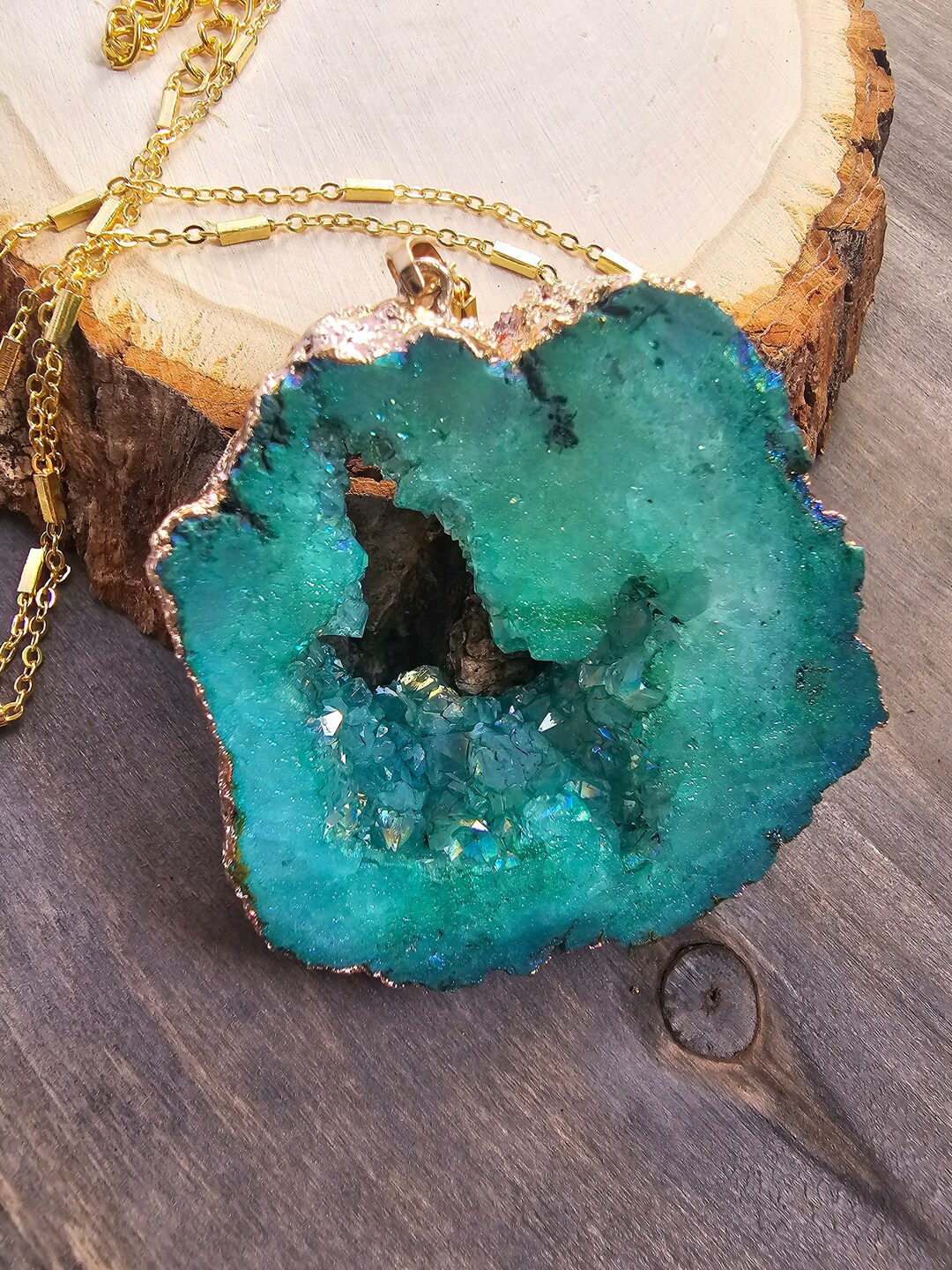 Quartz Geode Slice Crystal Necklace, 18K Gold Plated Chain - Etsy
