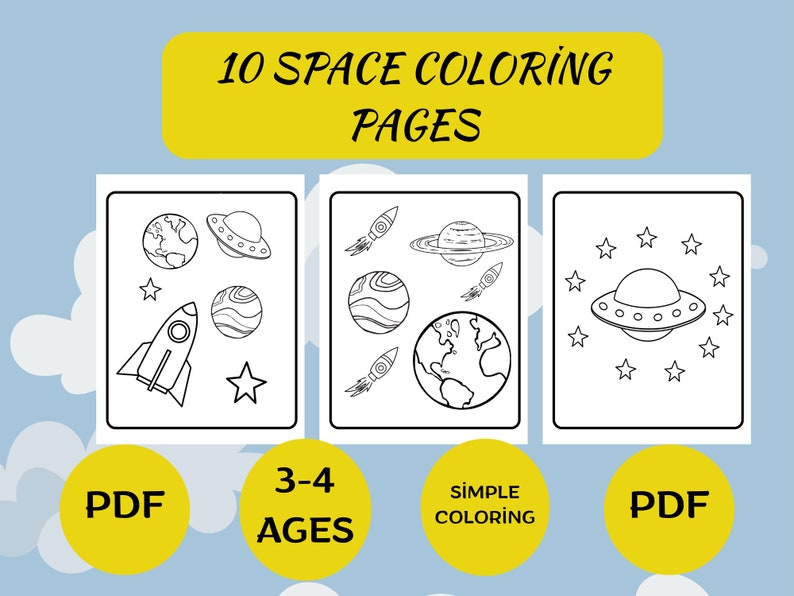 10 Simple Space Coloring Pages for Kids, Digital Dowload for Boys-girls ...