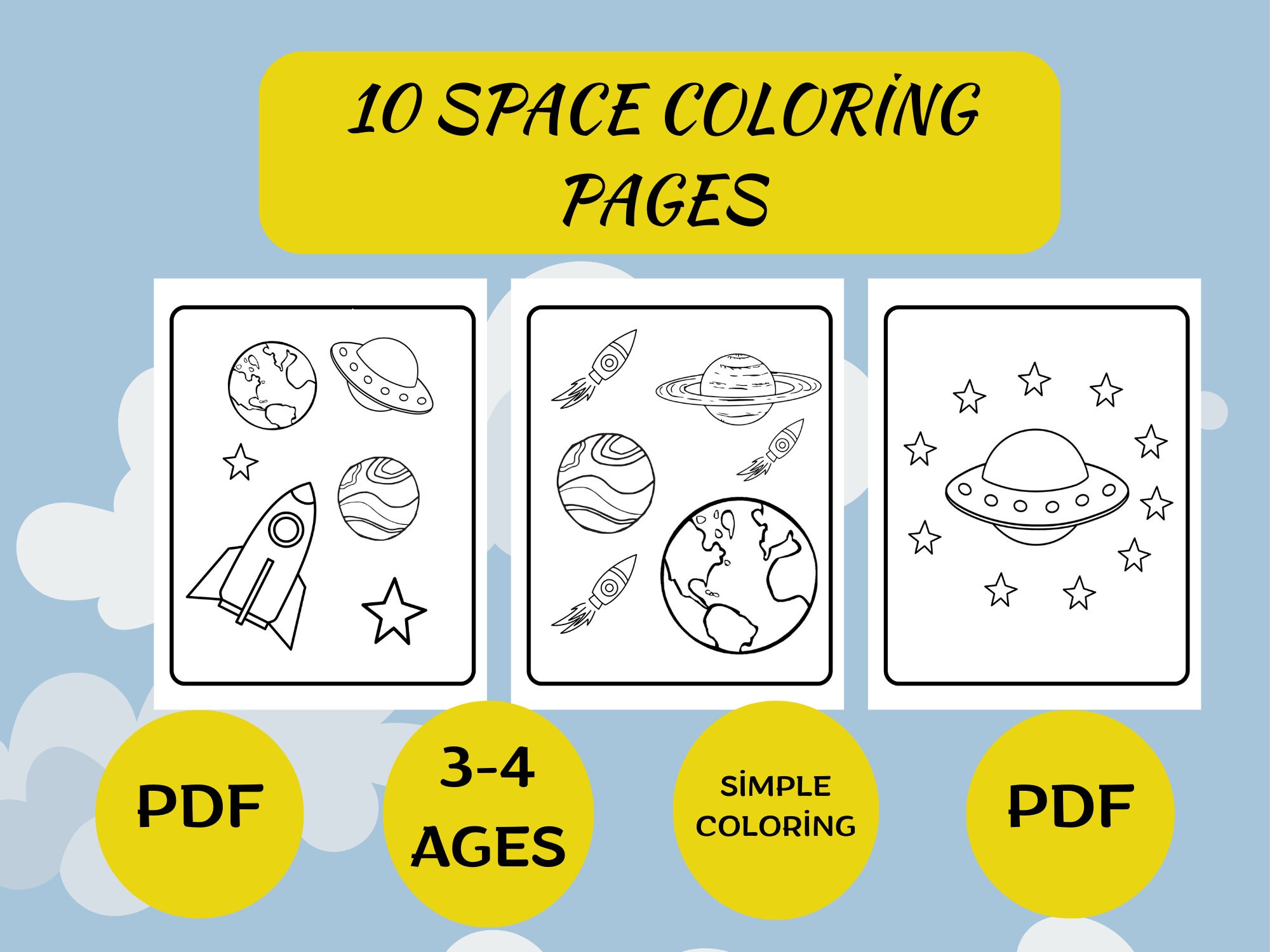10 Simple Space Coloring Pages for Kids, Digital Dowload for Boys-girls ...