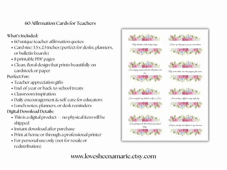 60 Affirmation Cards for Teachers | Printable | Digital Download - Etsy