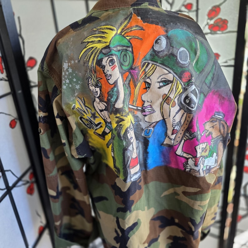 Hand-painted Tank Girl Camo Jacket: Upcycled Punk Comic Art, Size L - Etsy
