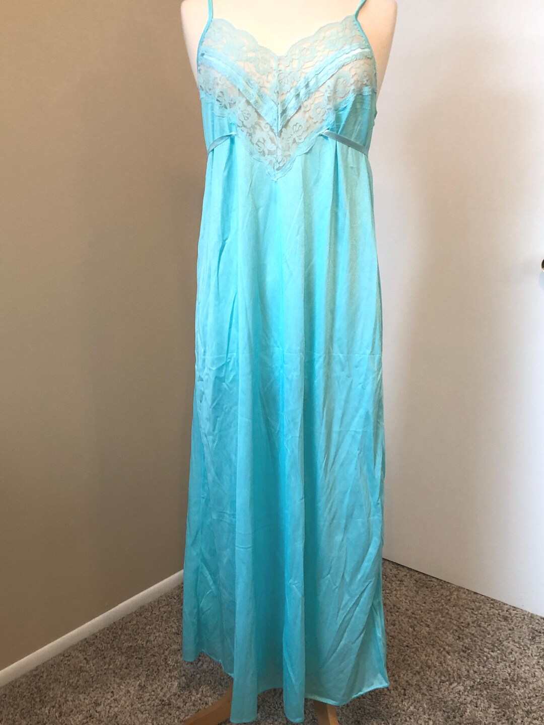 Nightgown, Full-length, Blue, Lace, Tie Strings, Spaghetti Straps, Size ...