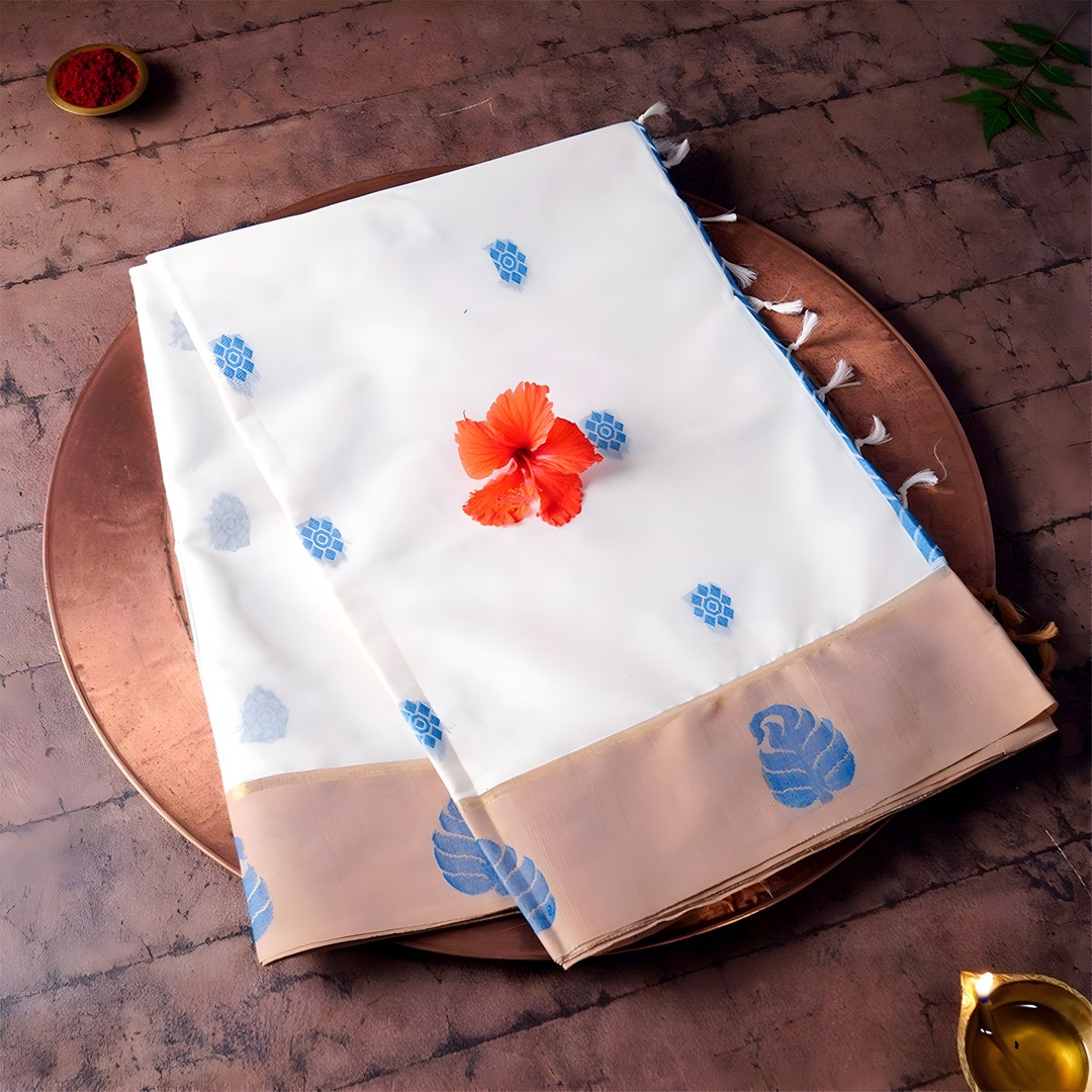 Isha Handwoven Consecrated White Saree With Small Blue Florals - Etsy