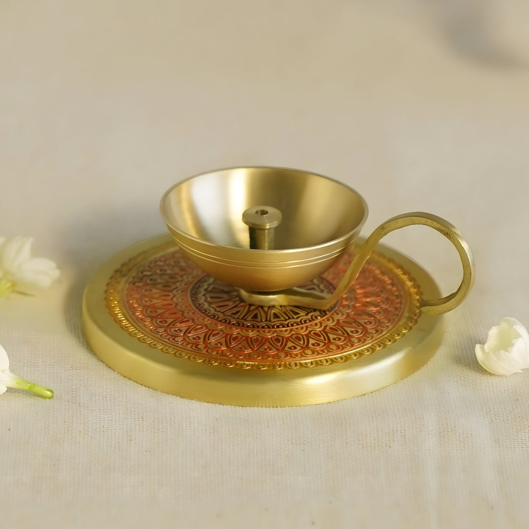 Isha Hand-enameled Antique Brass Diya With Stylish Handle - Etsy