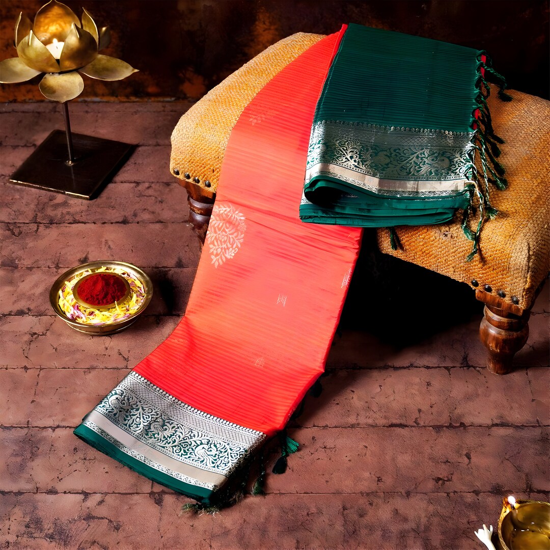 Isha Coral Silk Saree With Horizontal Stripes and Silver Leaf - Etsy