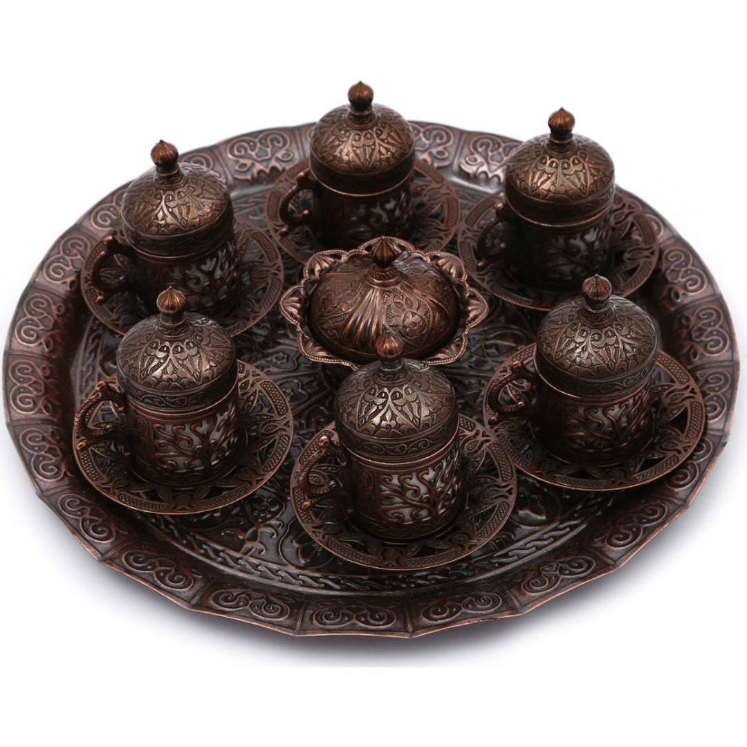 Turkish Coffee Set for 6, Copper Coffee Cup Set, Copper Serving Tray ...