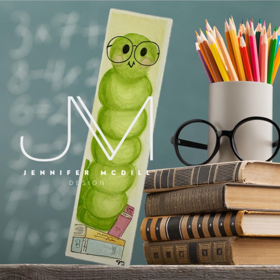 Original Cute Book Worm Watercolor Bookmark - Etsy