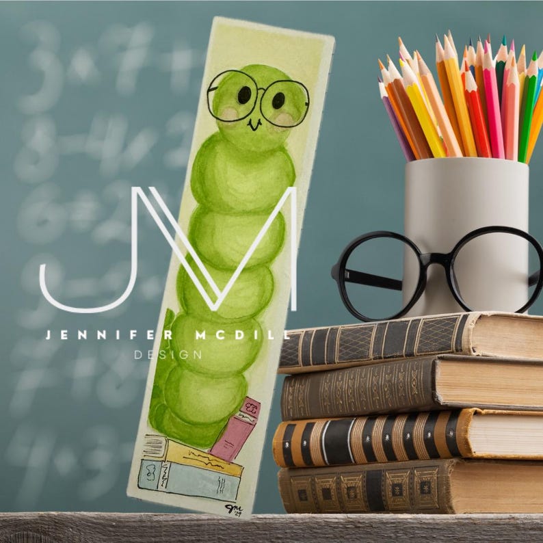 Original Cute Book Worm Watercolor Bookmark - Etsy