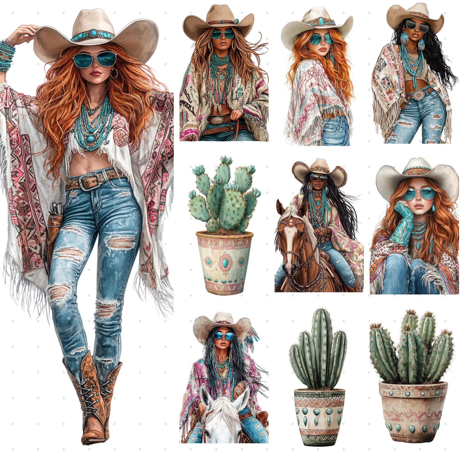 Cowgirl Clipart Designs | Western Clipart | Boho Western PNG | Fashion ...