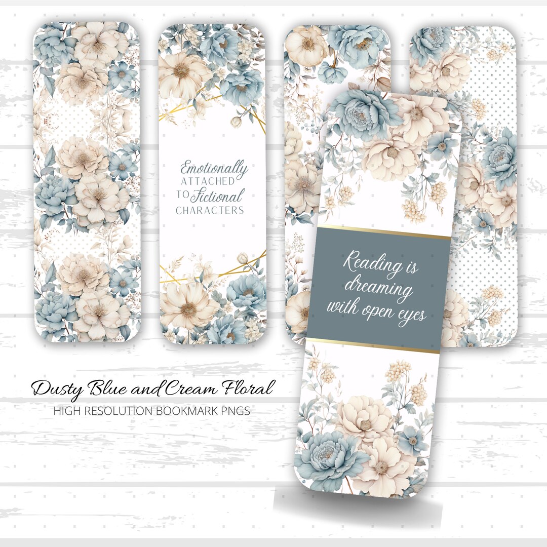 Dusty Blue and Cream Floral Bookmark Pngs | Bookmark Designs ...