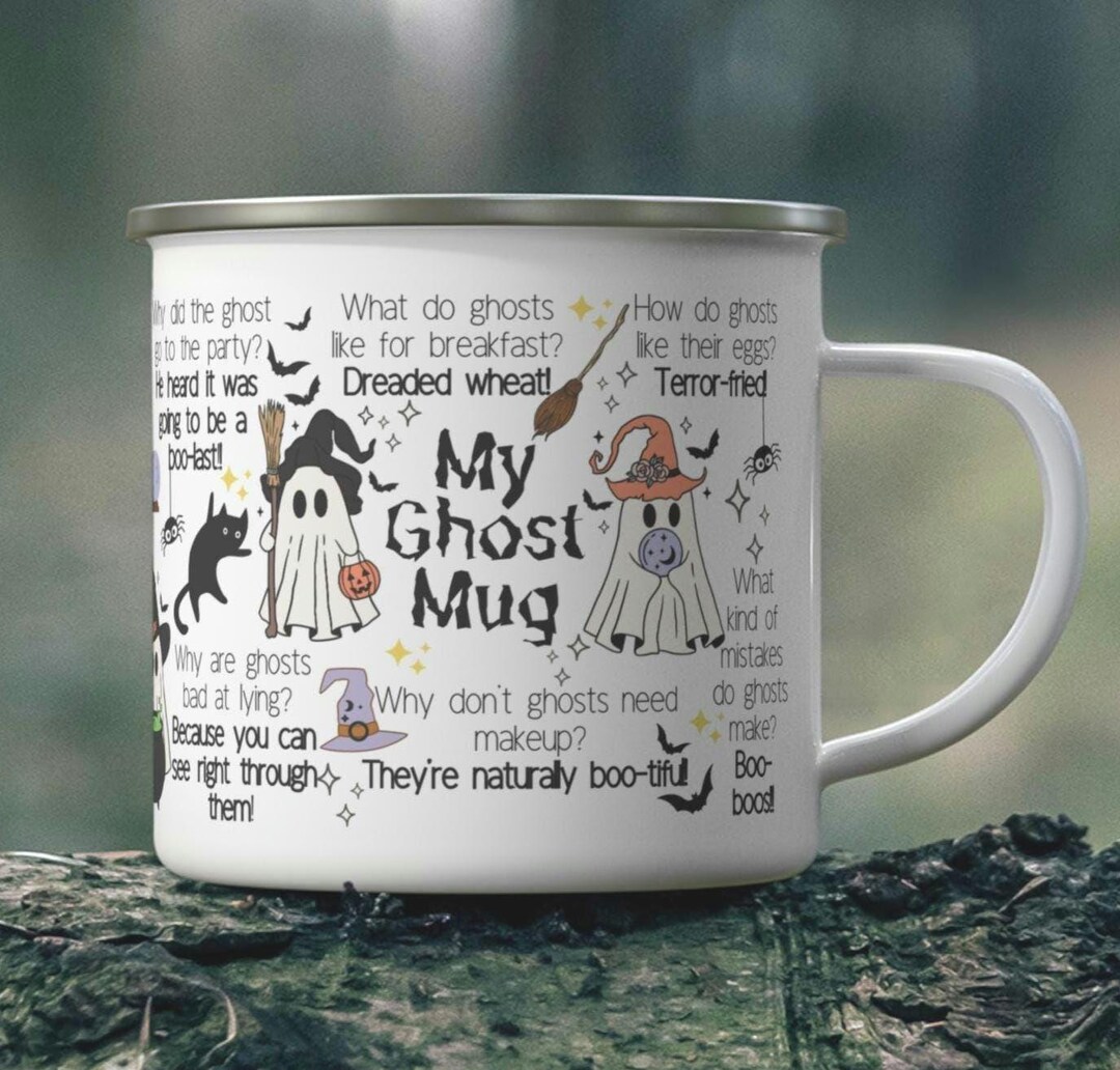 Cute Ghost Halloween Jokes Enamel Camping Mug, Ghost Stories Mug, Cute ...
