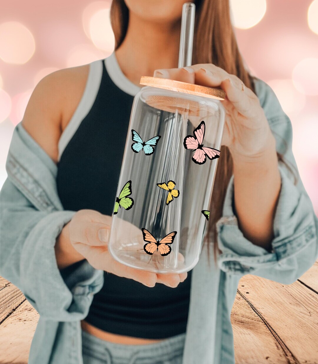 Butterfly Sipper Glass: Tempered Glass Drinkware With Lid & Straw - Etsy