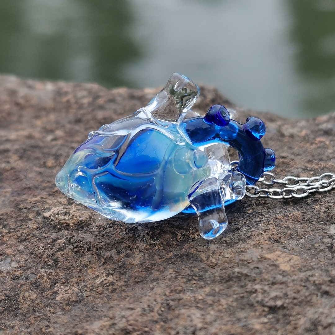 Glass Sea Heart Pendant, Ocean Blue Glass Heart Necklace, Mermaid ...