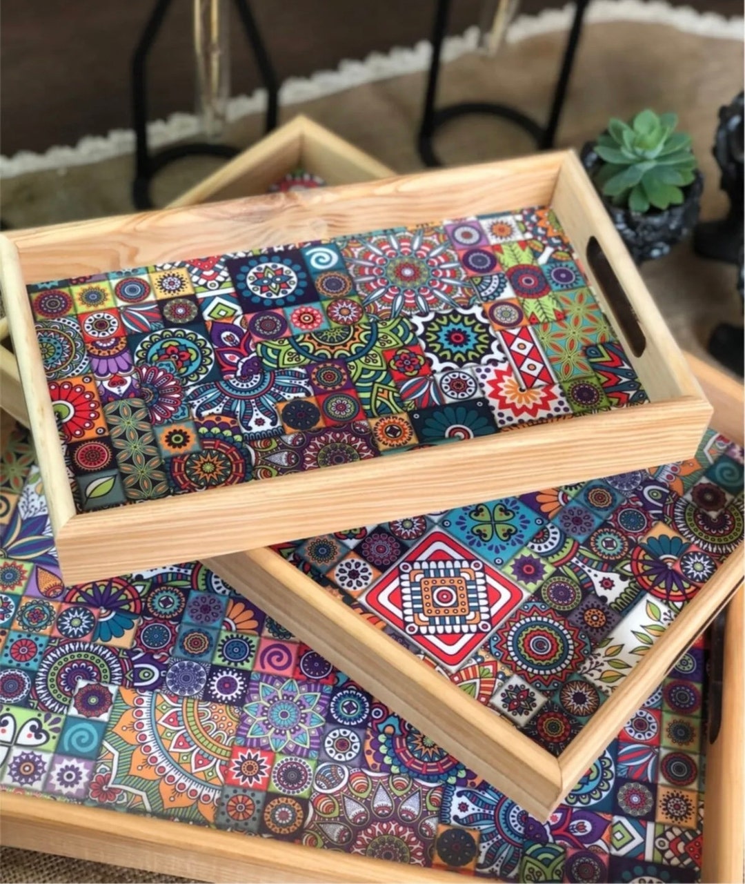 Wooden Tile Pattern Serving Tray 3 Pcs - Etsy