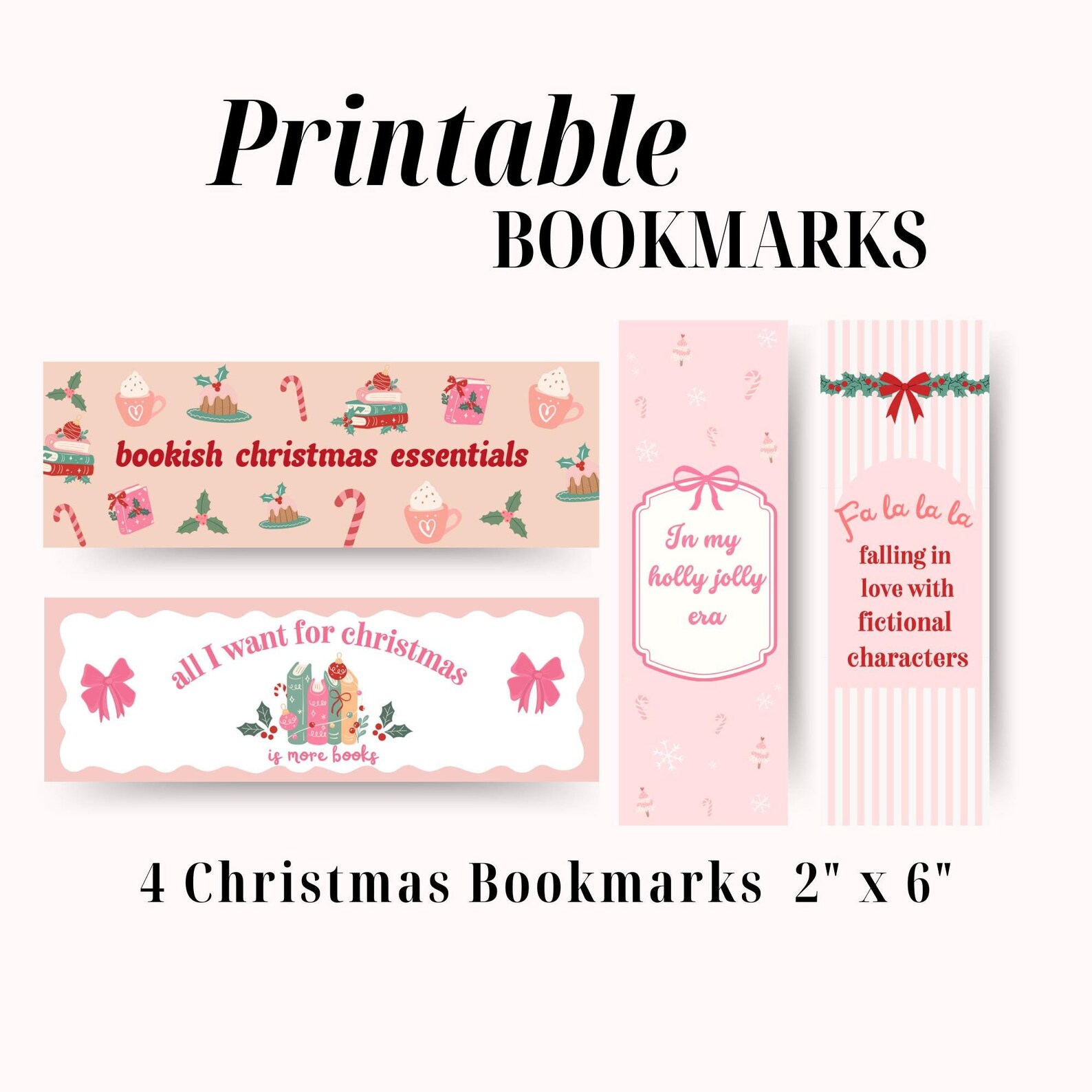 Set of 4 Printable Christmas Bookmark, Pink Aesthetic Book Lover's ...