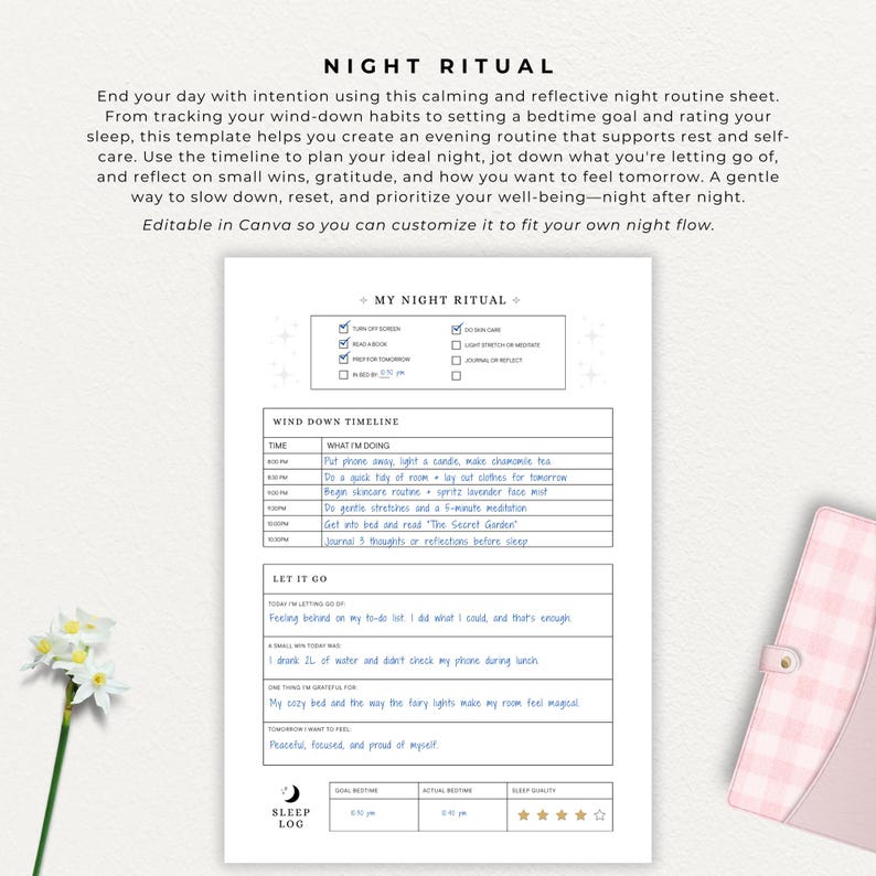 Night Routine Planner Printable, Bedtime Journal, Wind Down Tracker ...