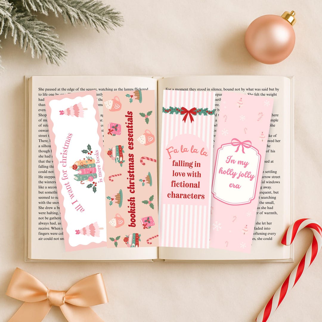 Set of 4 Printable Christmas Bookmark, Pink Aesthetic Book Lover's ...