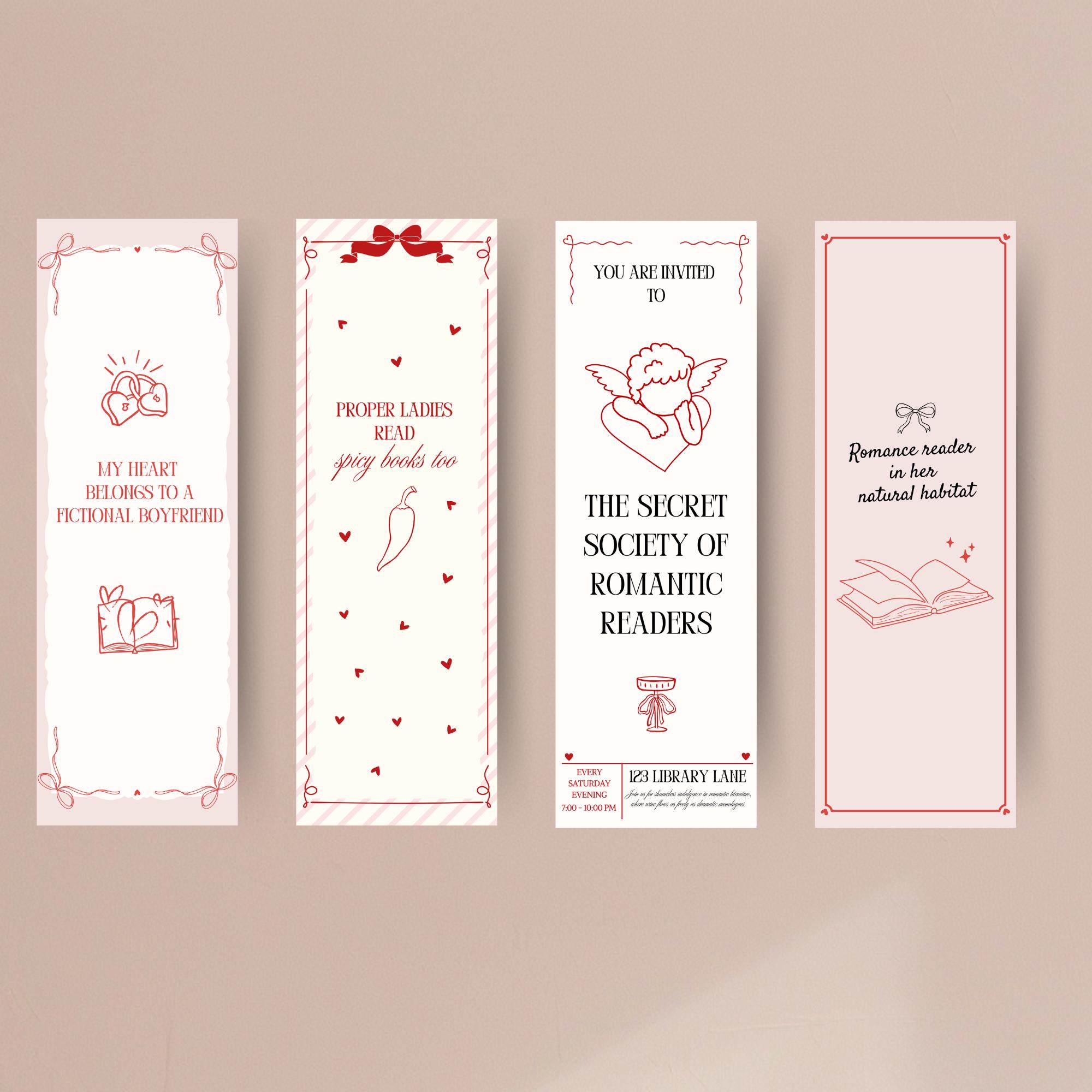 Set of 4 Printable Bookmarks, Romantic Reader Bookmarks, Galentine’s ...