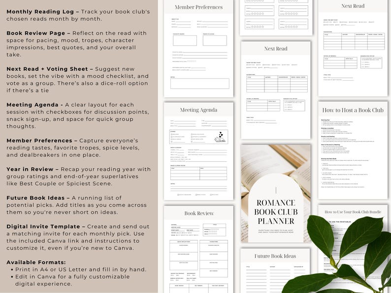 Romance Book Club Planner & Organizer, Printable Book Club Templates ...