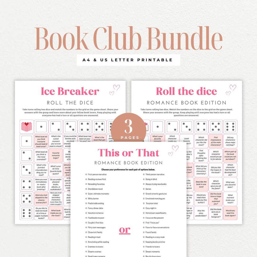 Romance Book Club Bundle | Printable Ice Breaker | Roll the Dice Games ...