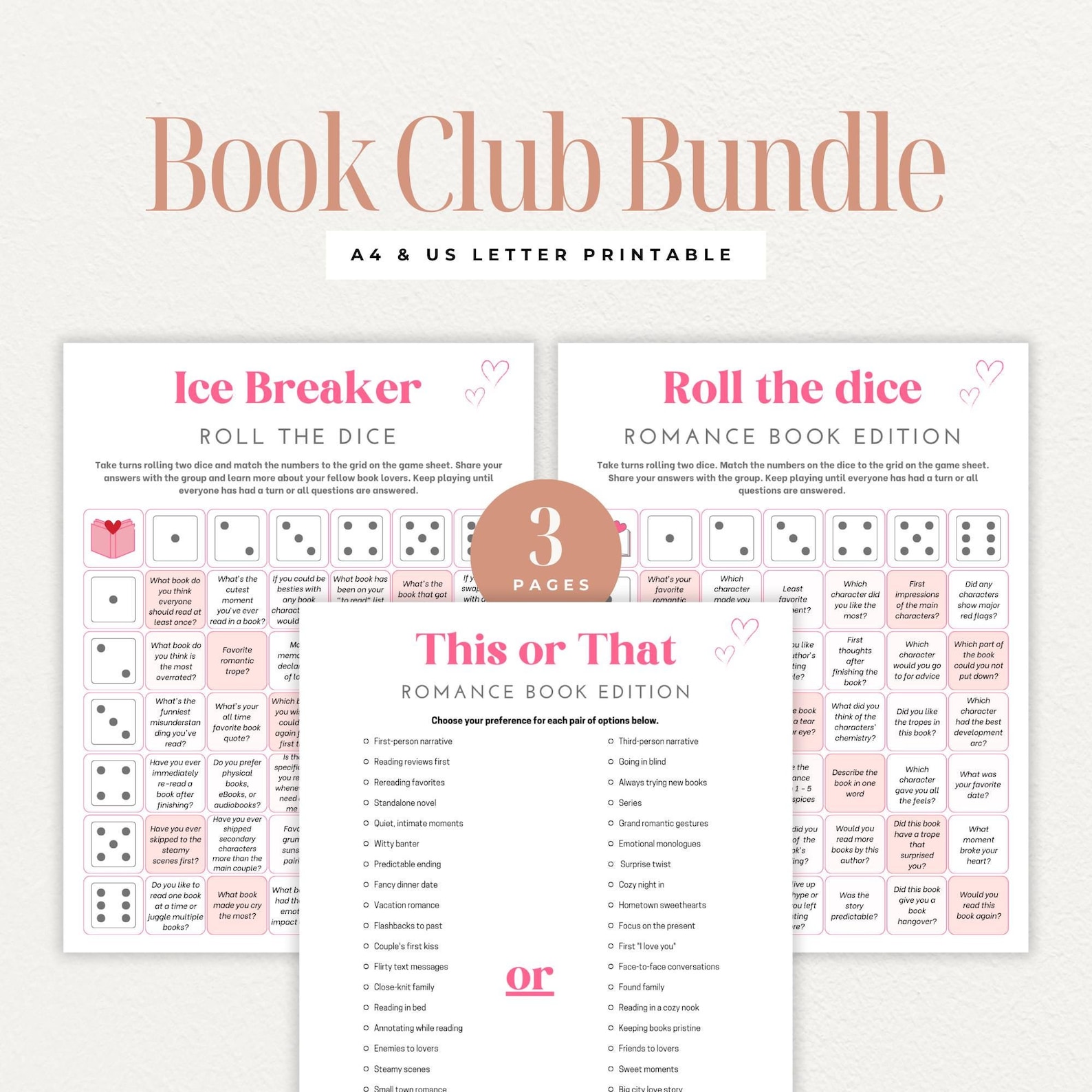 Romance Book Club Bundle | Printable Ice Breaker | Roll the Dice Games ...