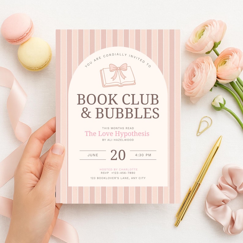 Editable Book Club Invitation Canva Template, Coquette Pink Book Party ...