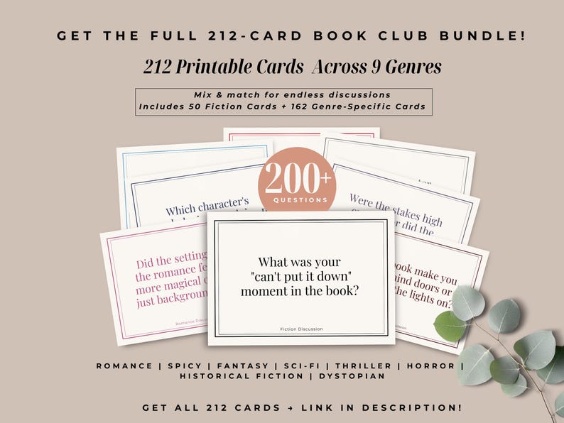 50 Fiction Book Club Discussion Cards, Fun Printable Questions, Book ...