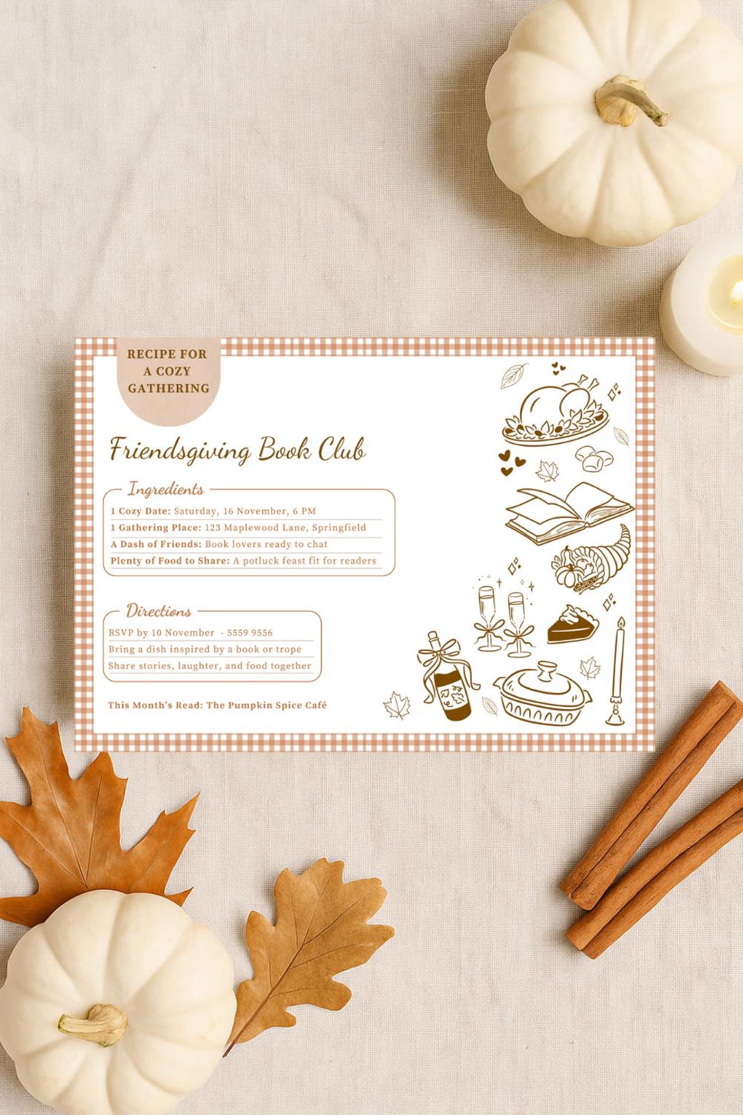 Friendsgiving Book Club Invitation, Recipe Card Style, Cozy Fall ...