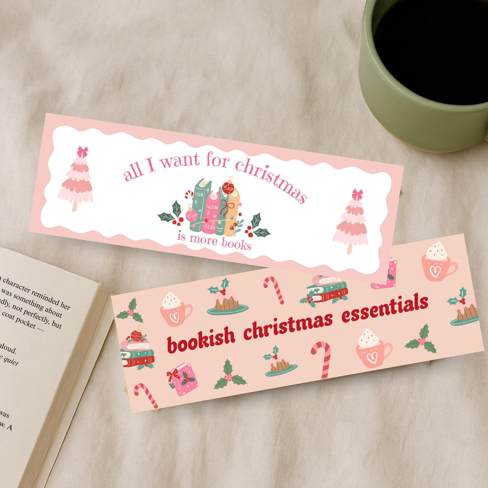 Set of 4 Printable Christmas Bookmark, Pink Aesthetic Book Lover's ...