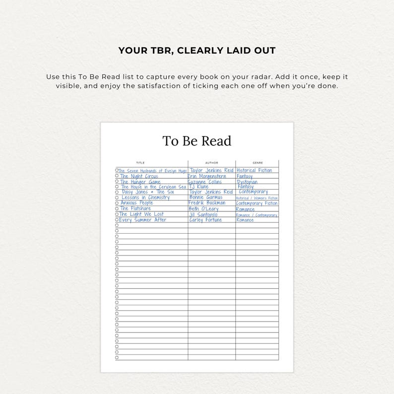 To Be Read List Printable, TBR Tracker for Book Lovers, Reading List ...