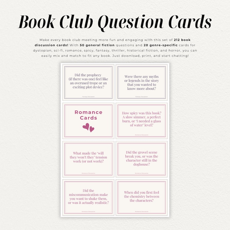 212 Book Club Discussion Cards, Fun Printable Questions, Book Club ...