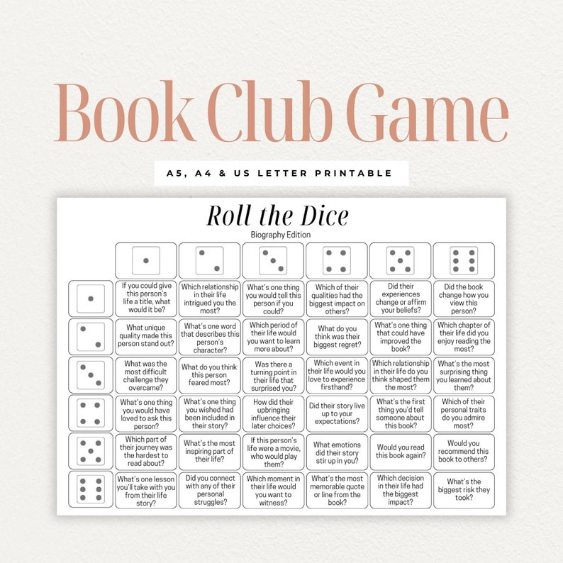 Biography Book Club Game, Roll the Dice Discussion Game, Printable Book ...
