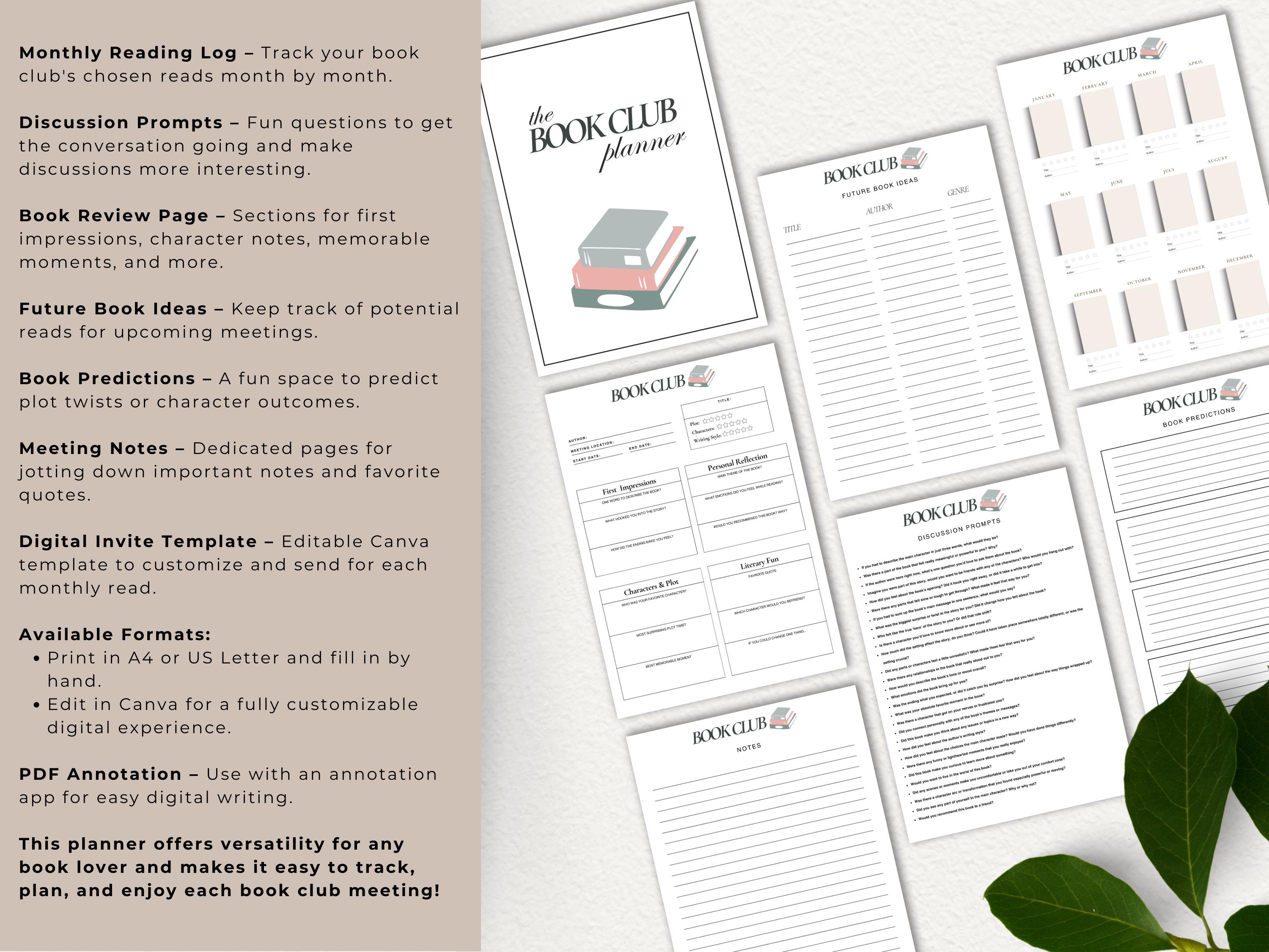 Book Club Planner & Organizer | Printable Book Club Templates | Digital ...