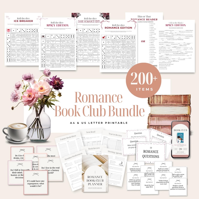 Romance Book Club Printable Bundle, Book Club Games, Trackers Meeting ...