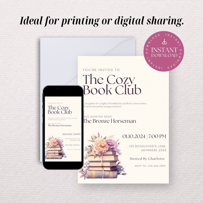 Editable Book Club Invite Purple Flowers Vintage Books Editable Canva ...