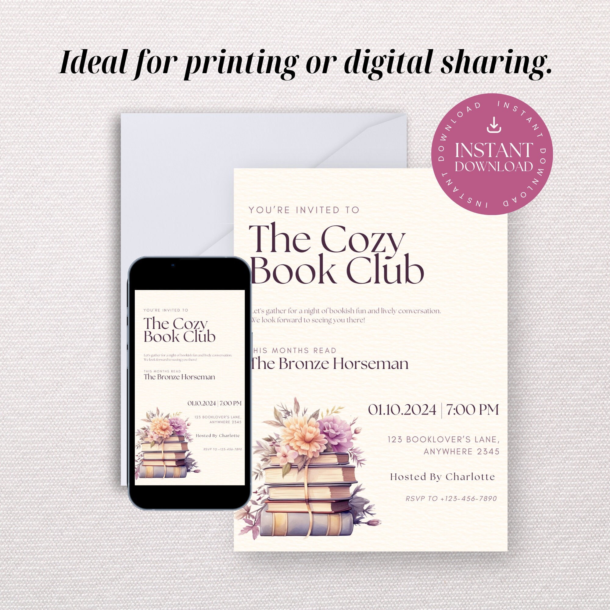 Editable Book Club Invite Purple Flowers Vintage Books Editable Canva ...
