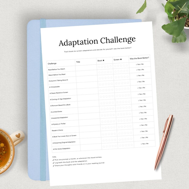 Book Adaptation Tracker Printable, Book to Movie Challenge, Book Vs ...