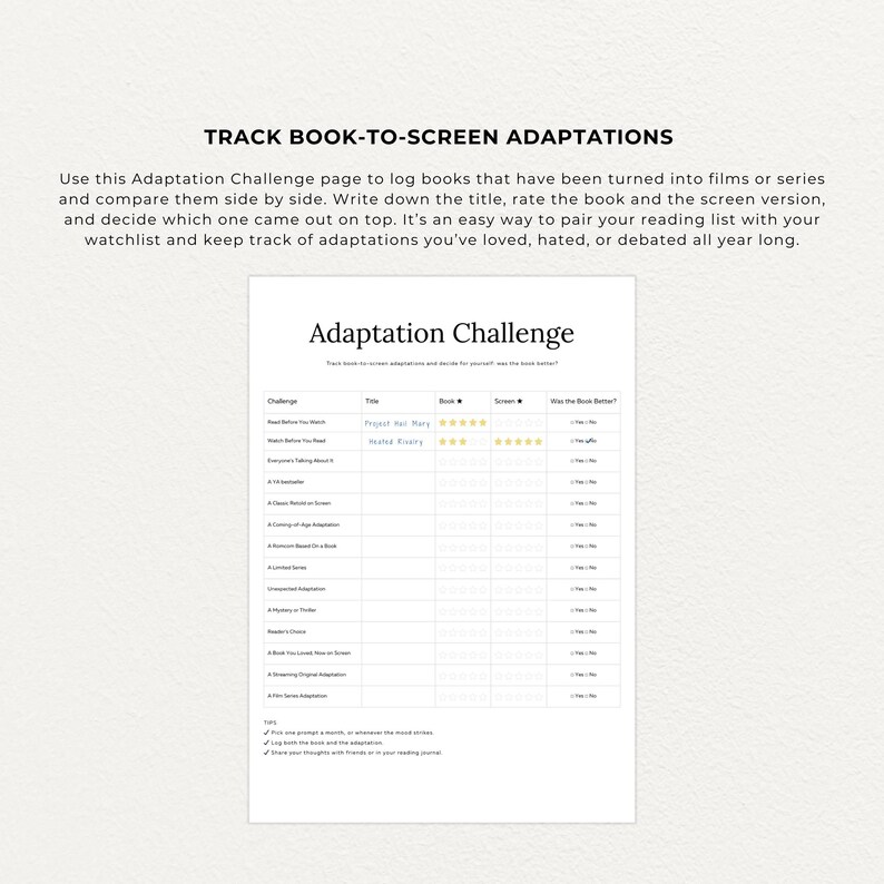 Book Adaptation Tracker Printable, Book to Movie Challenge, Book Vs ...