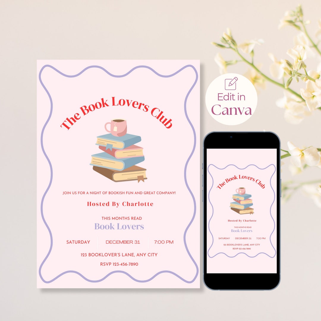 Editable Book Club Invite | Pink & Purple | Book Lovers | Editable ...