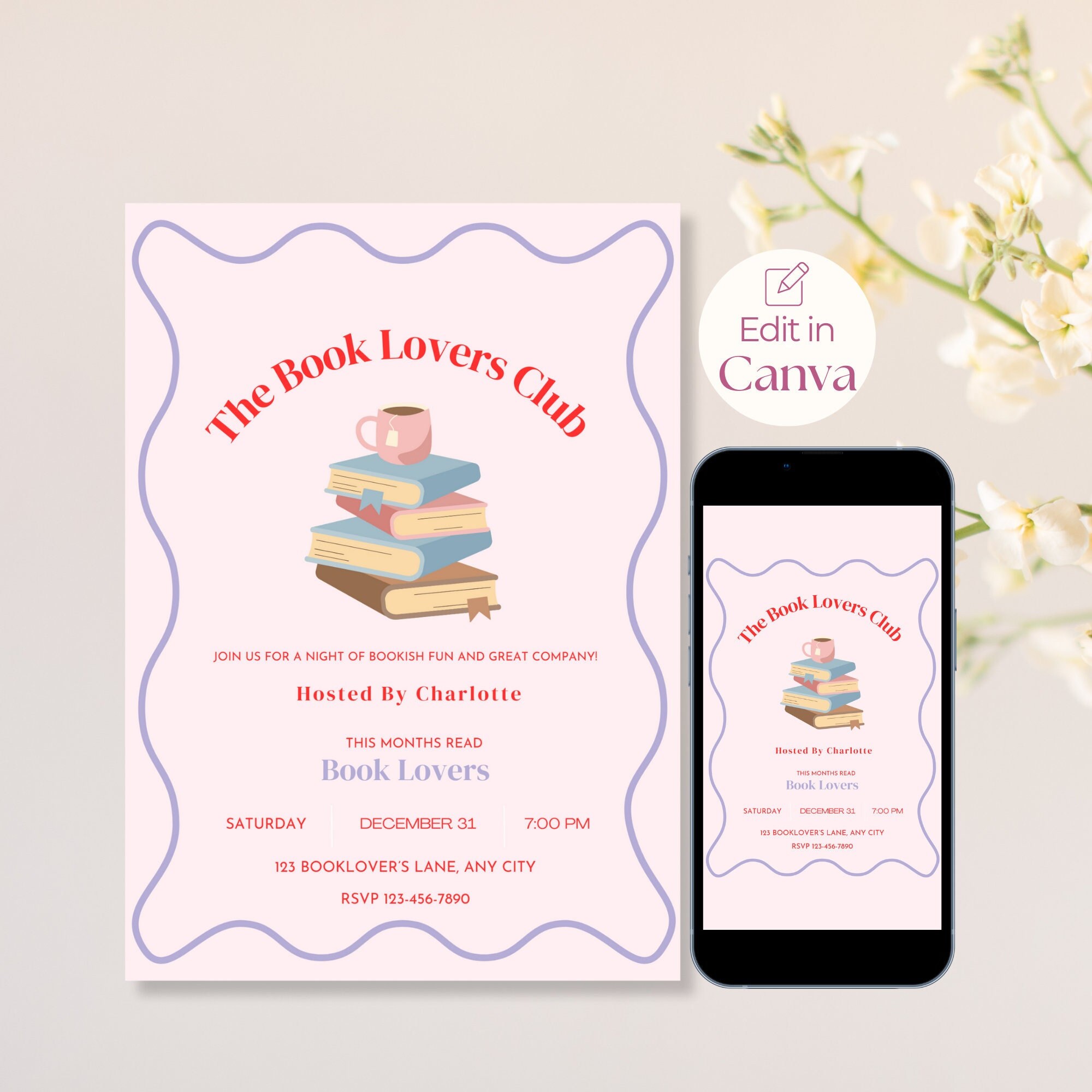 Editable Book Club Invite Pink & Purple Book Lovers Editable Canva ...