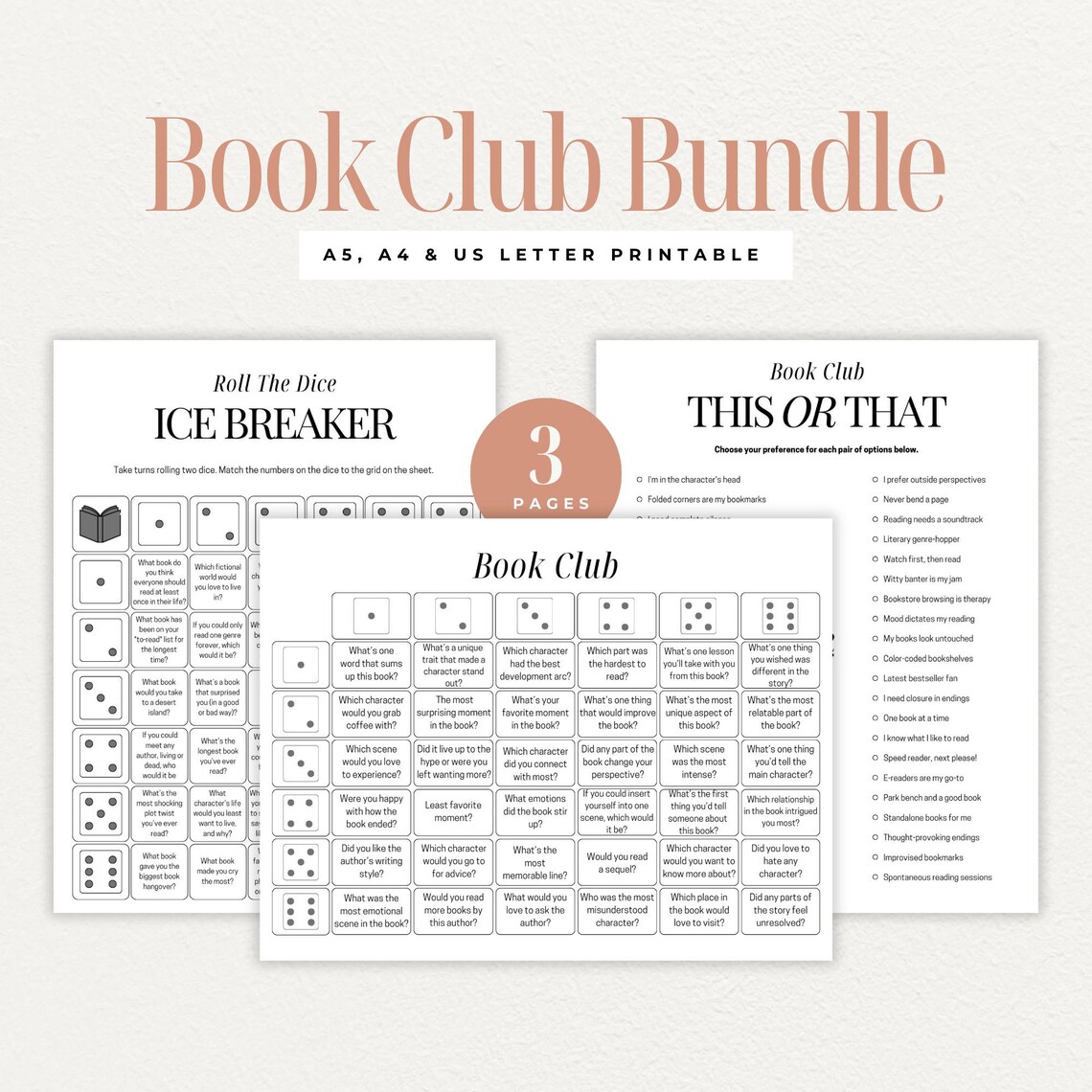 3 Book Club Discussion Questions Printable, Book Review Dice Game, Book ...